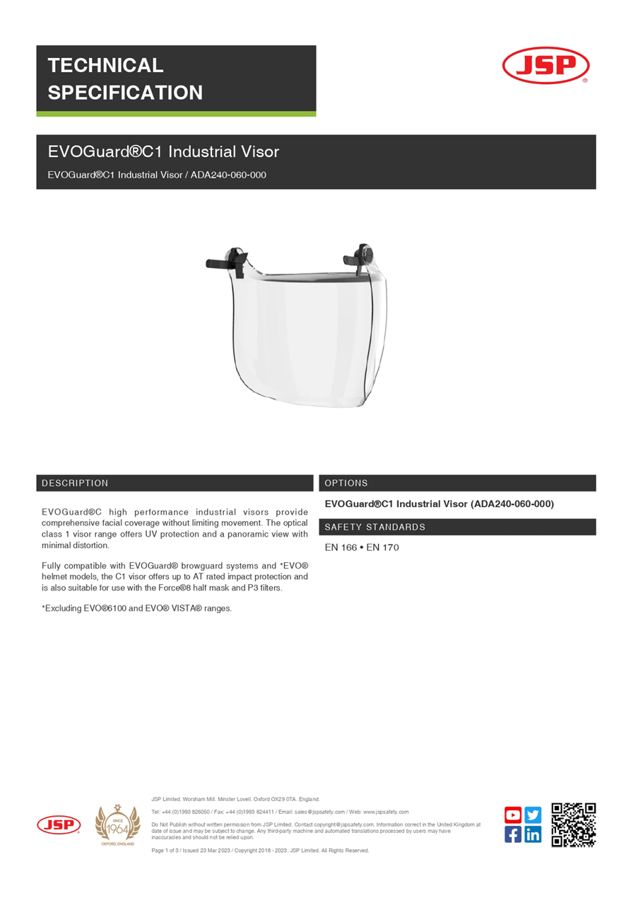 JSP EvogGuard C1 Industrial shield, Касканд суурьлуулдаг товгор нүүрний ...